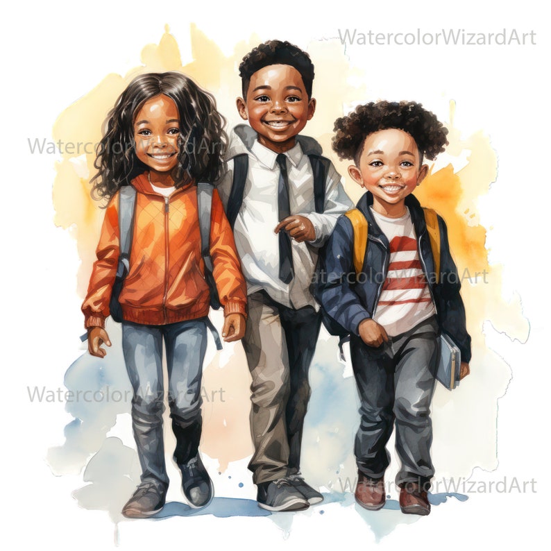Watercolour African American Kids Clipart Kids Back to School - Etsy