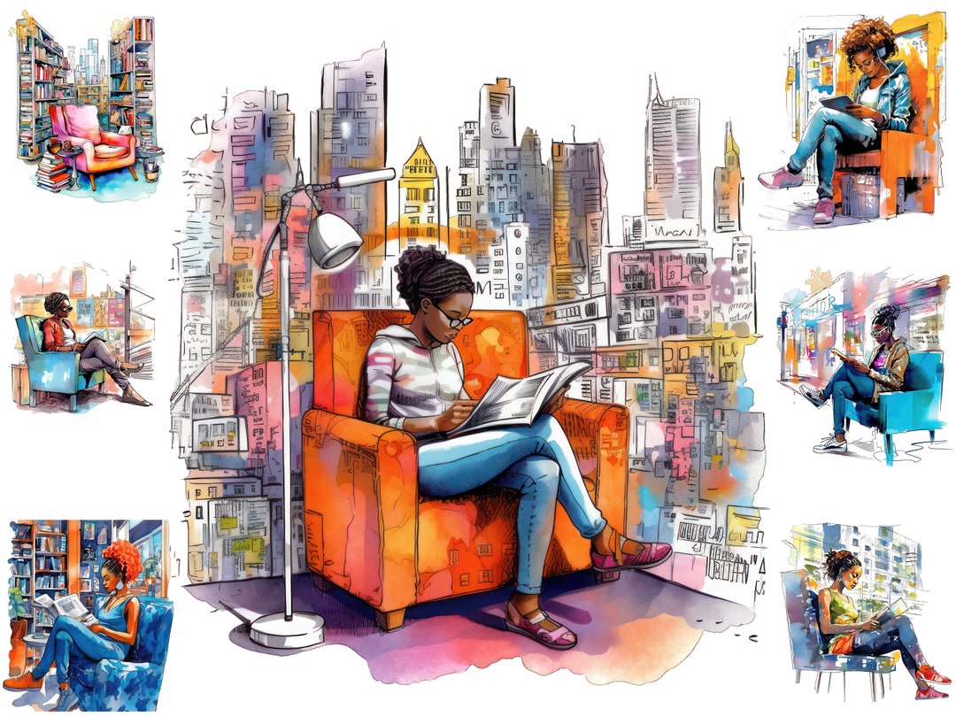 Watercolour Urban Reading Corner Png, Black Girl Books Clipart, Book ...