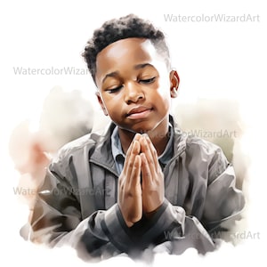 Watercolour Black Boy Prayer Clipart, African American Boy Praying Png ...