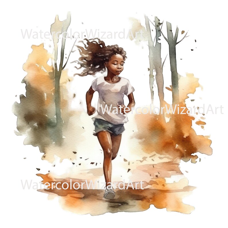 Watercolour Black Girl Running Clipart, Girl Sports Clipart, Girl ...