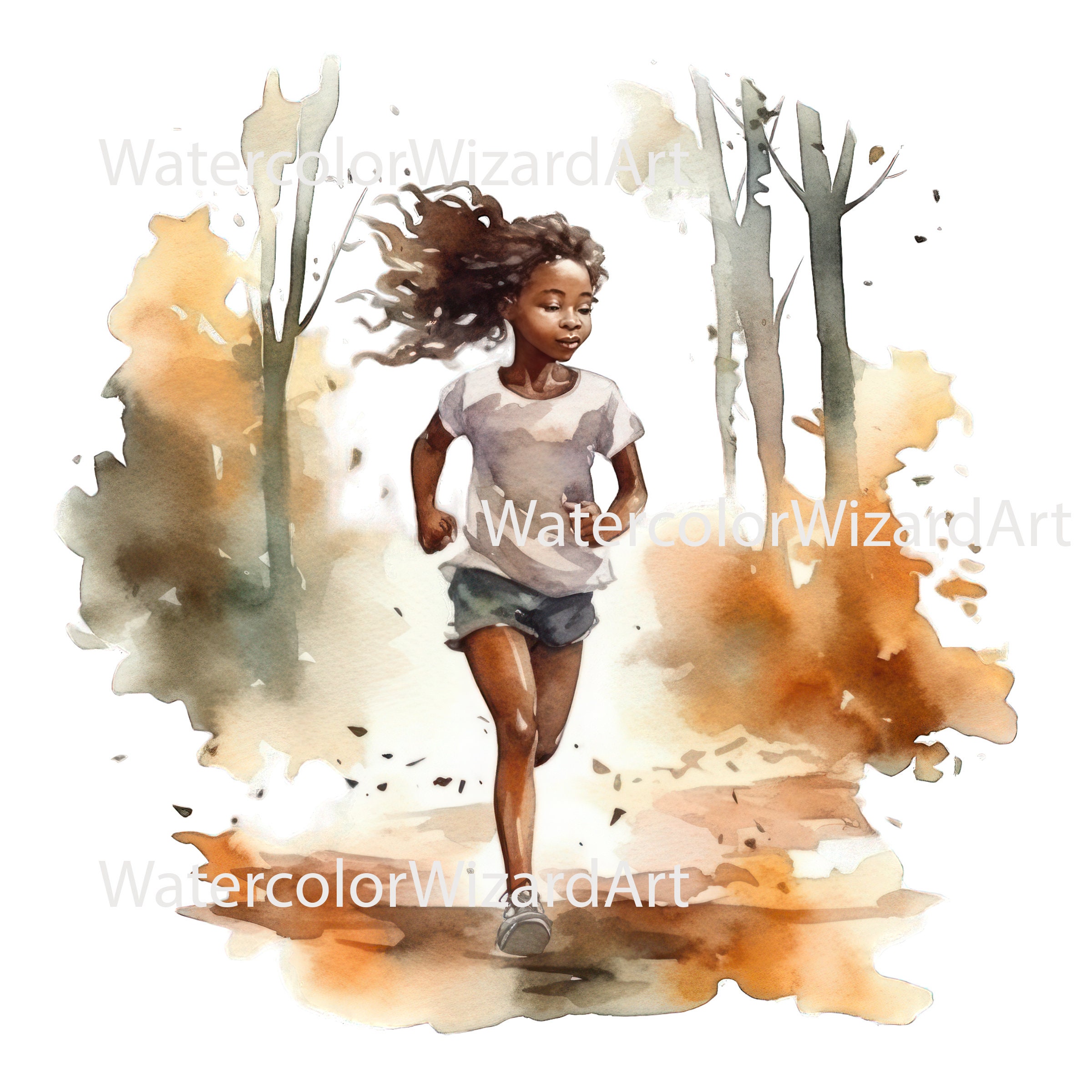 Watercolour Black Girl Running Clipart, Girl Sports Clipart, Girl ...