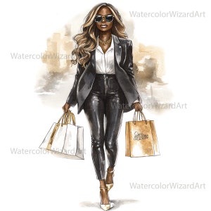 Watercolour African American Shopping Girl Clipart, Black Woman ...