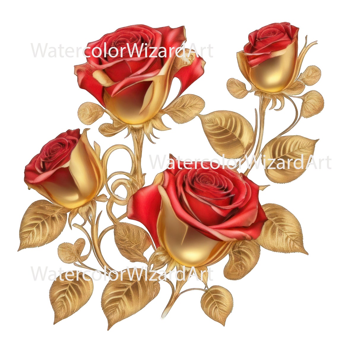 Watercolour Red Gold Roses Clipart, Cute Red Gold Roses Png, Flowers ...