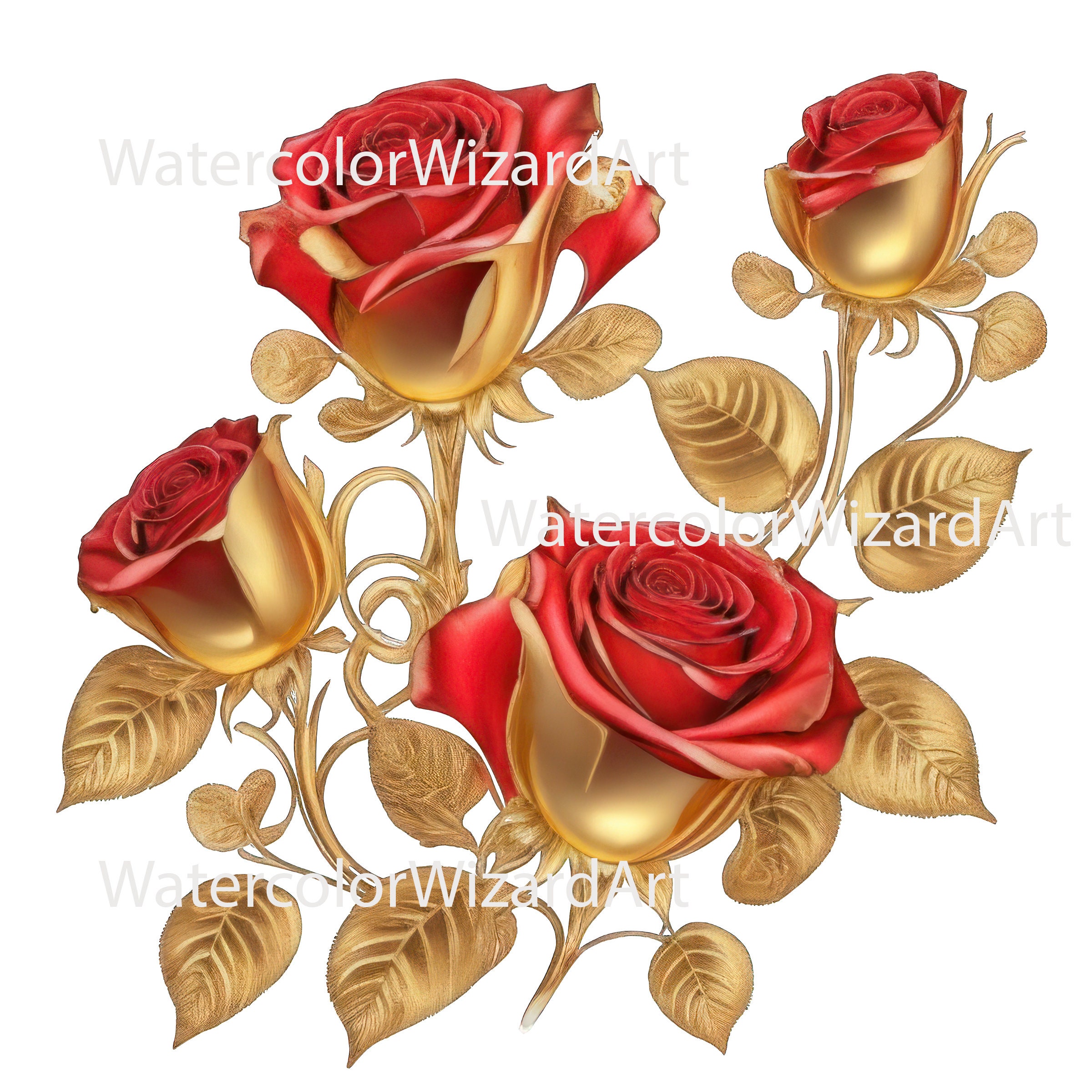 Watercolour Red Gold Roses Clipart, Cute Red Gold Roses Png, Flowers ...