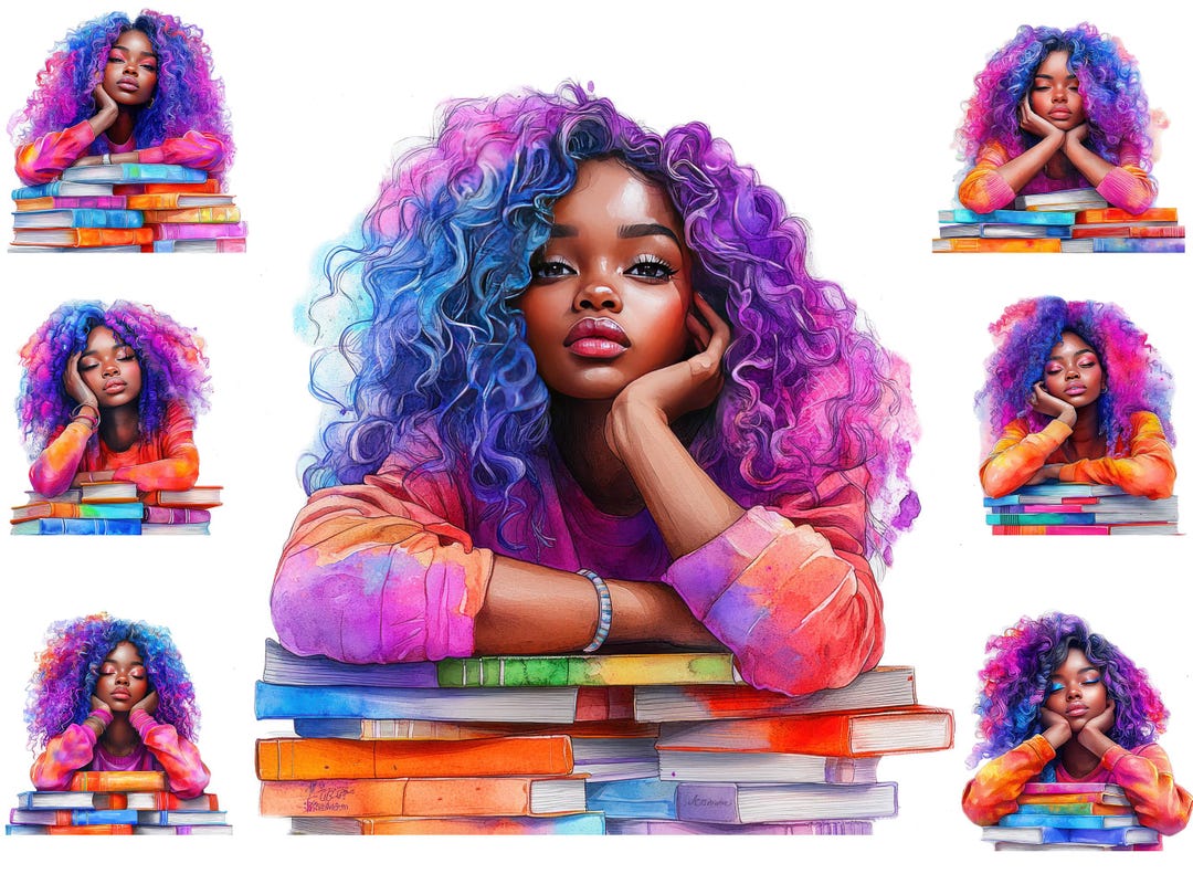 Watercolour Black Girl Reading Clipart, Girl Studying Clipart, Book ...