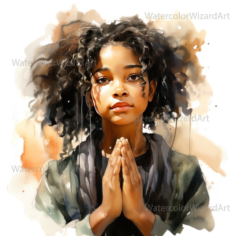 Watercolour Black Girl Praying, African American Girl Clipart, Sublimation Png, Full Commercial ...
