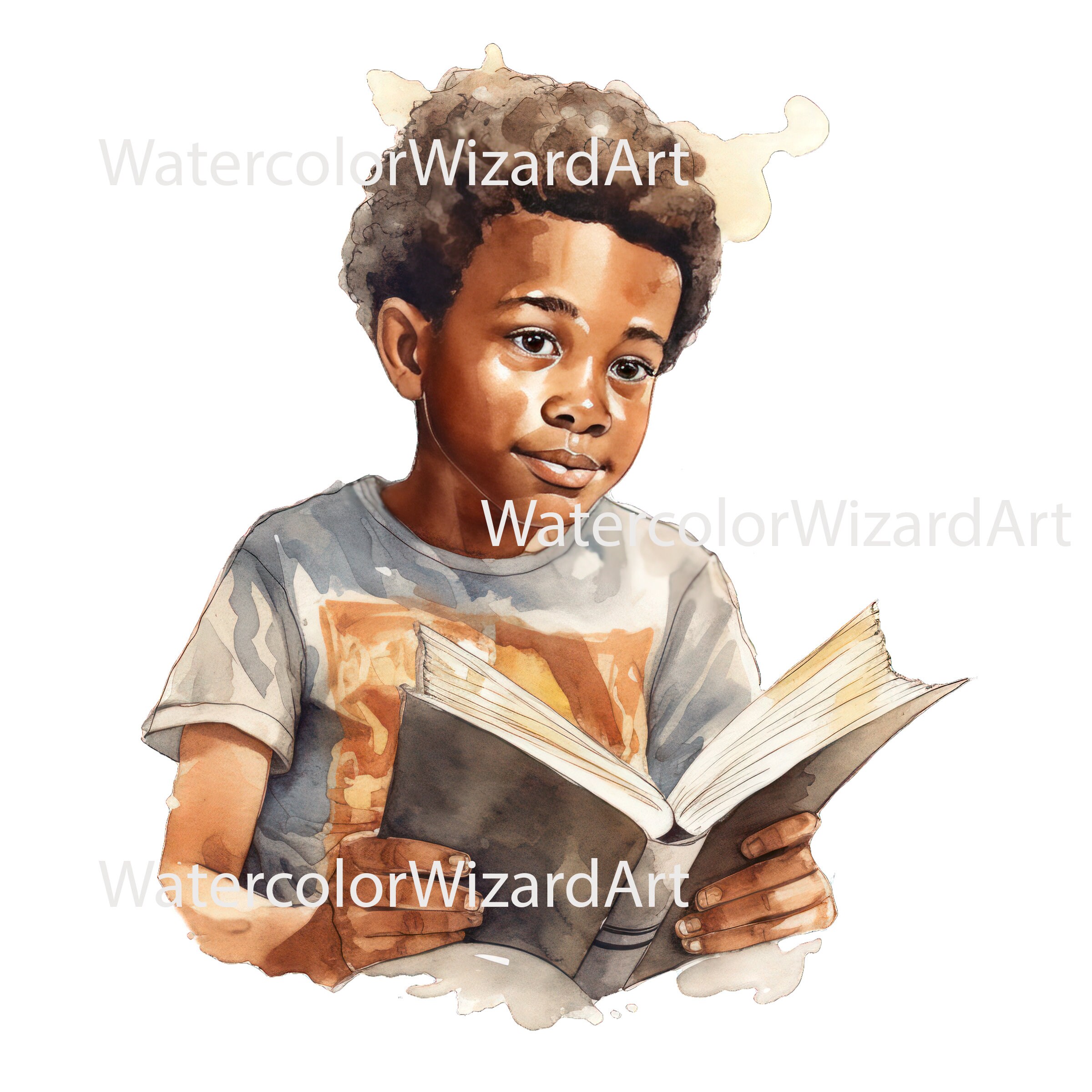Watercolour Black Kids Clipart, Kids Reading Books Clipart, Book Lover ...