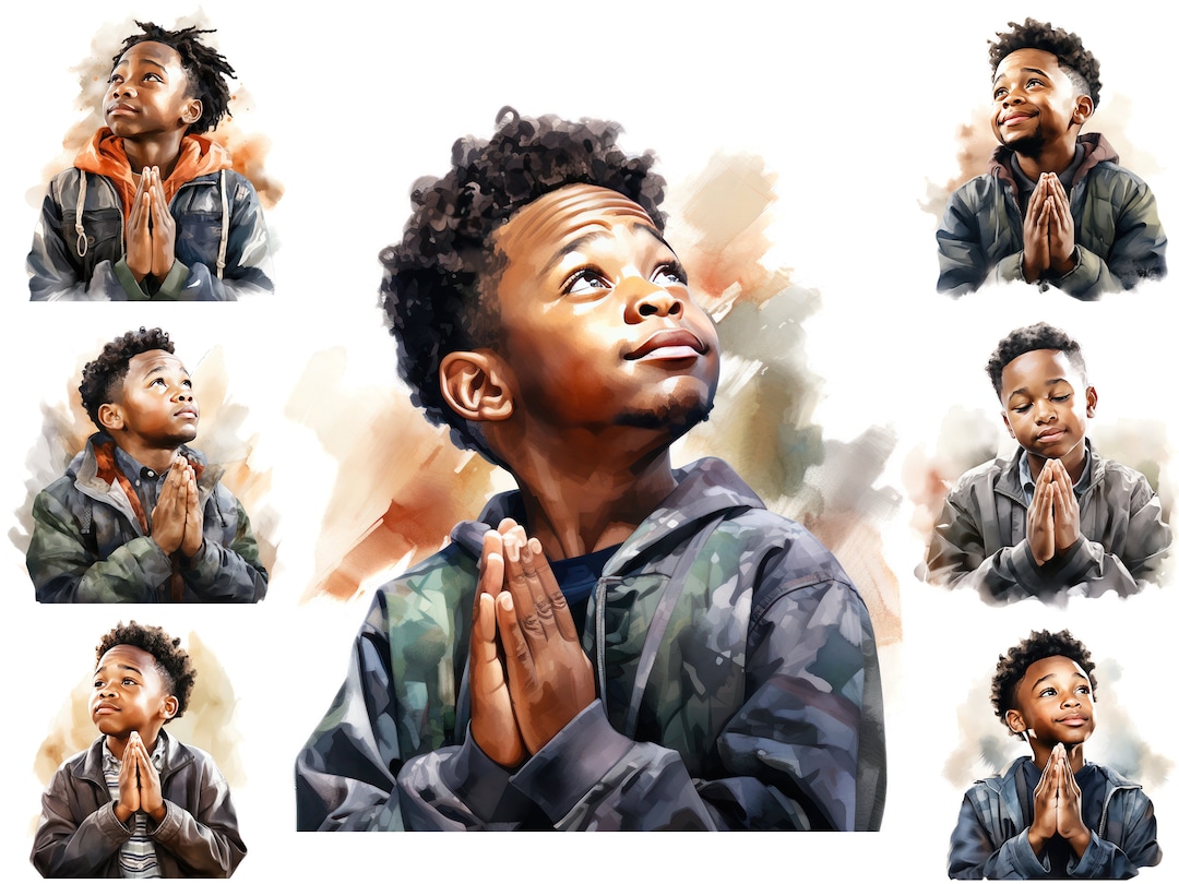 Watercolour Black Boy Prayer Clipart, African American Boy Praying Png ...