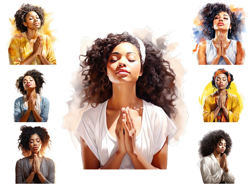 Watercolour Black Woman Praying, African American Woman Praying Clipart, Meditation Png, Full ...