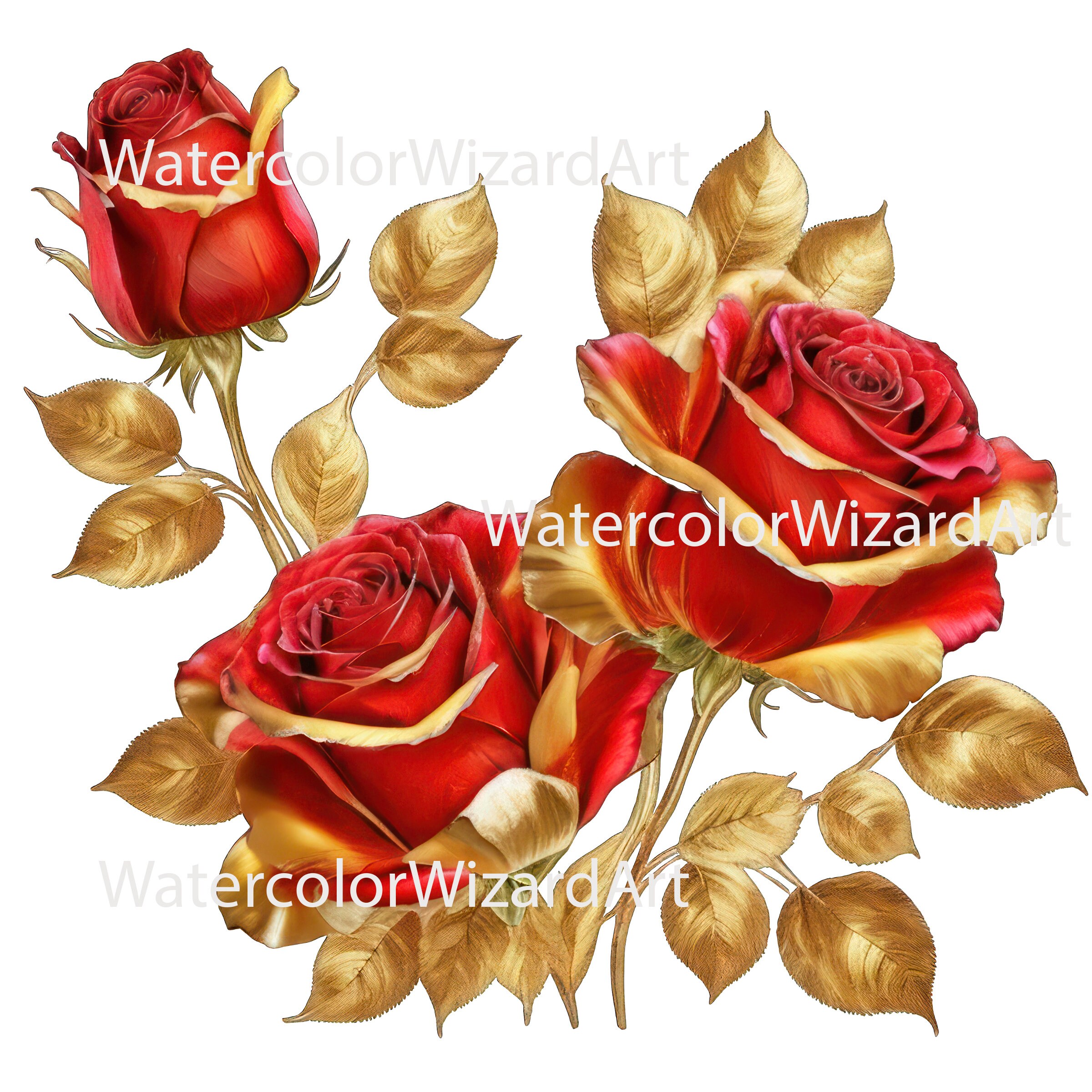 Watercolour Red Gold Roses Clipart, Cute Red Gold Roses Png, Flowers ...