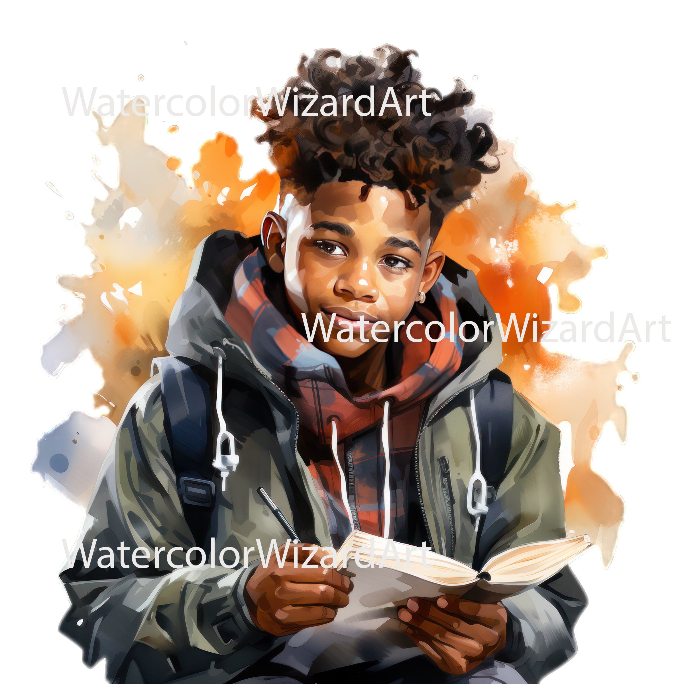 Watercolour Happy Smiling Black Boy Clipart, Boy Writing by Hand ...