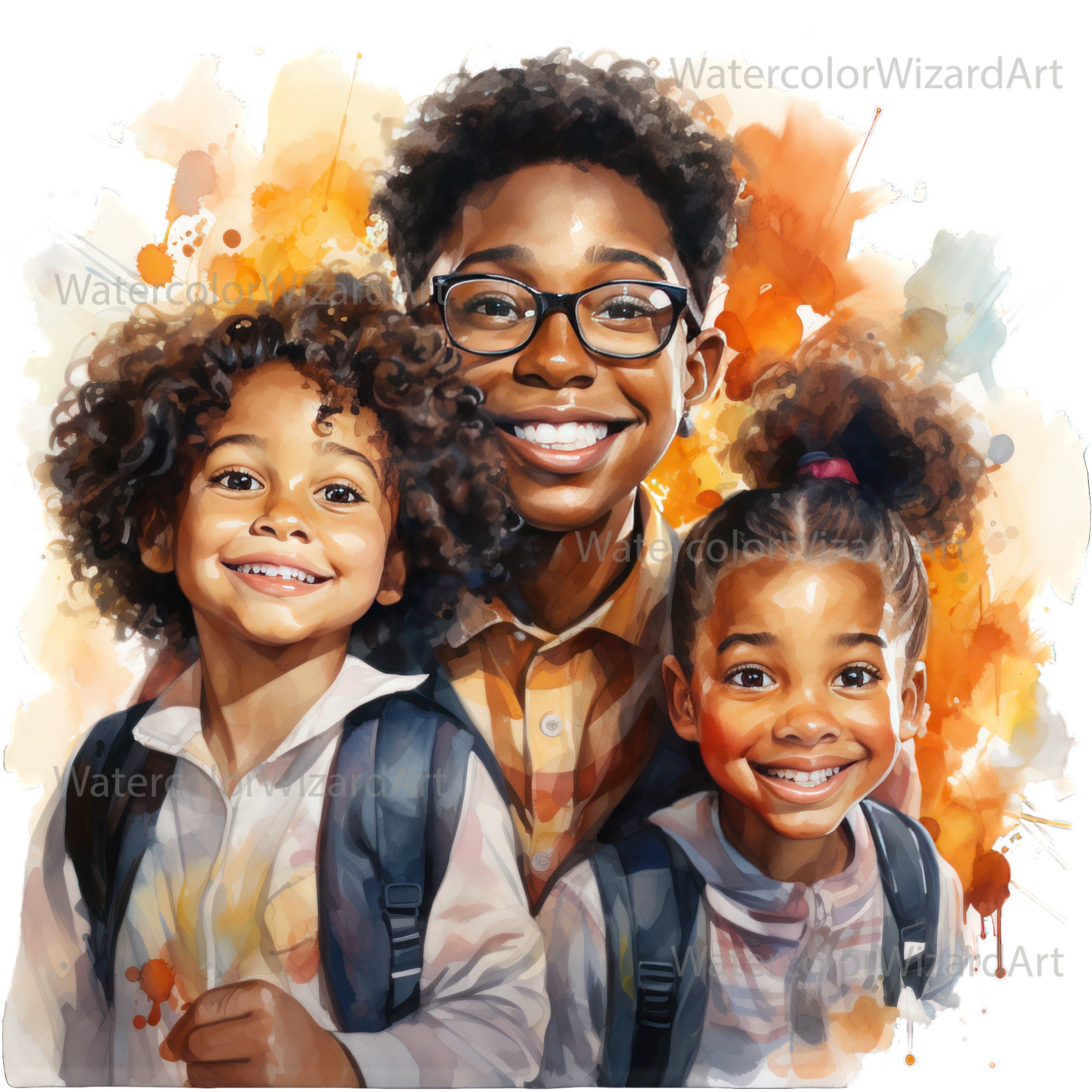 Watercolour African American School Kids Clipart, Black Kids Back to ...