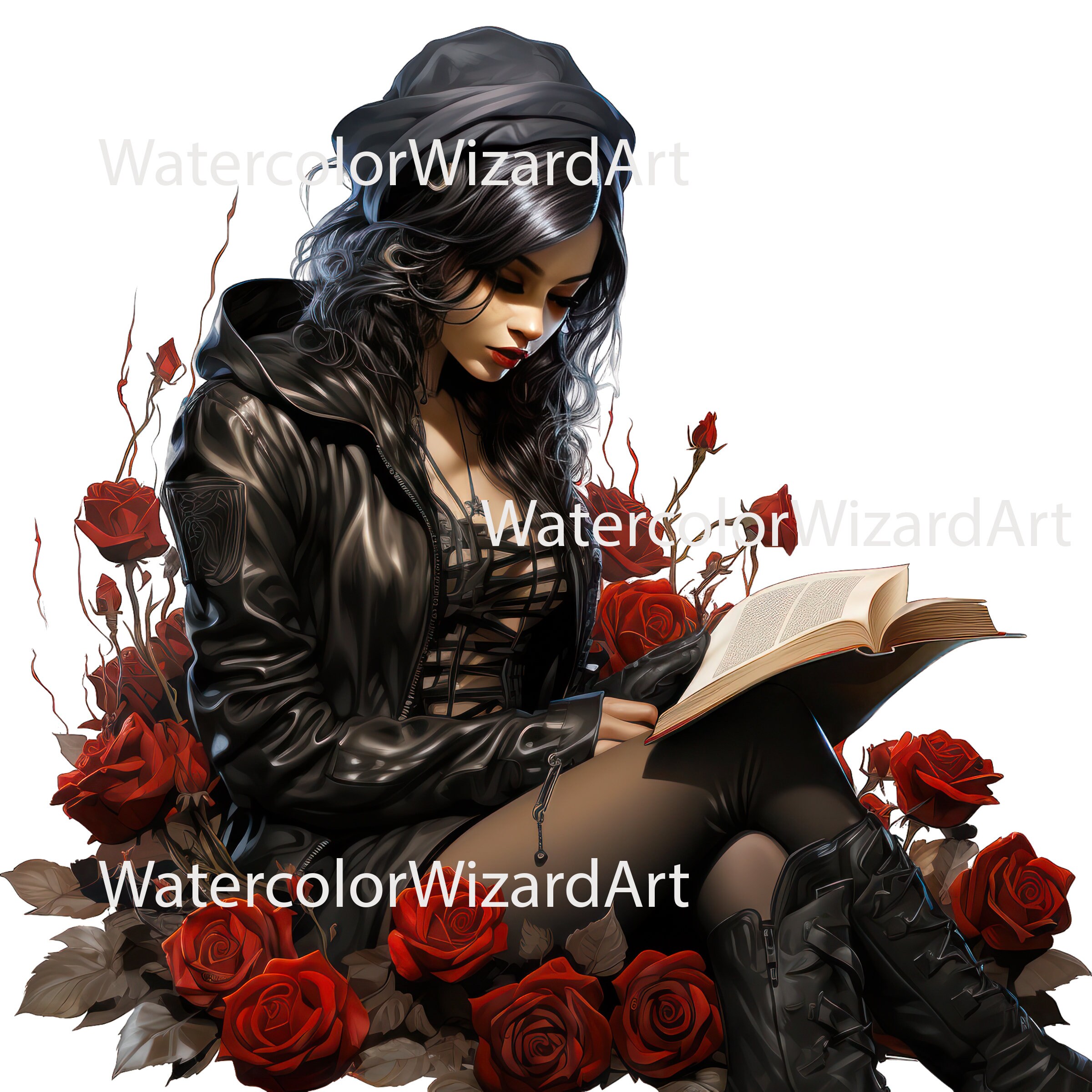 Watercolour Gothic Girl Reading Corner Clipart, Gothic Books Png, Magic ...