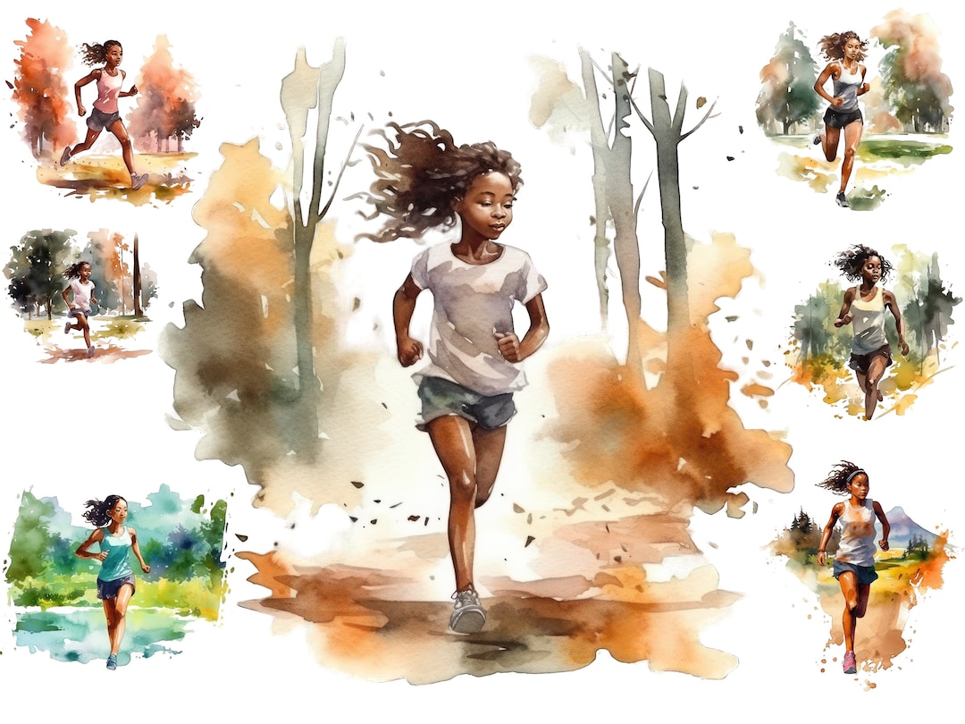 Watercolour Black Girl Running Clipart, Girl Sports Clipart, Girl ...