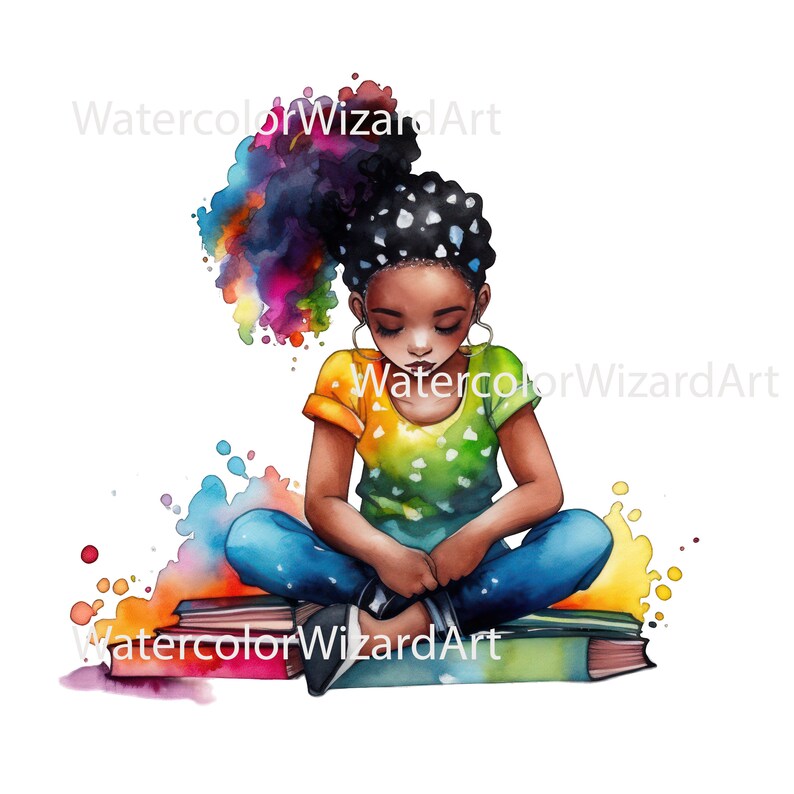 Watercolour Black Girl Reading Clipart, Girl Studying Clipart, Book ...