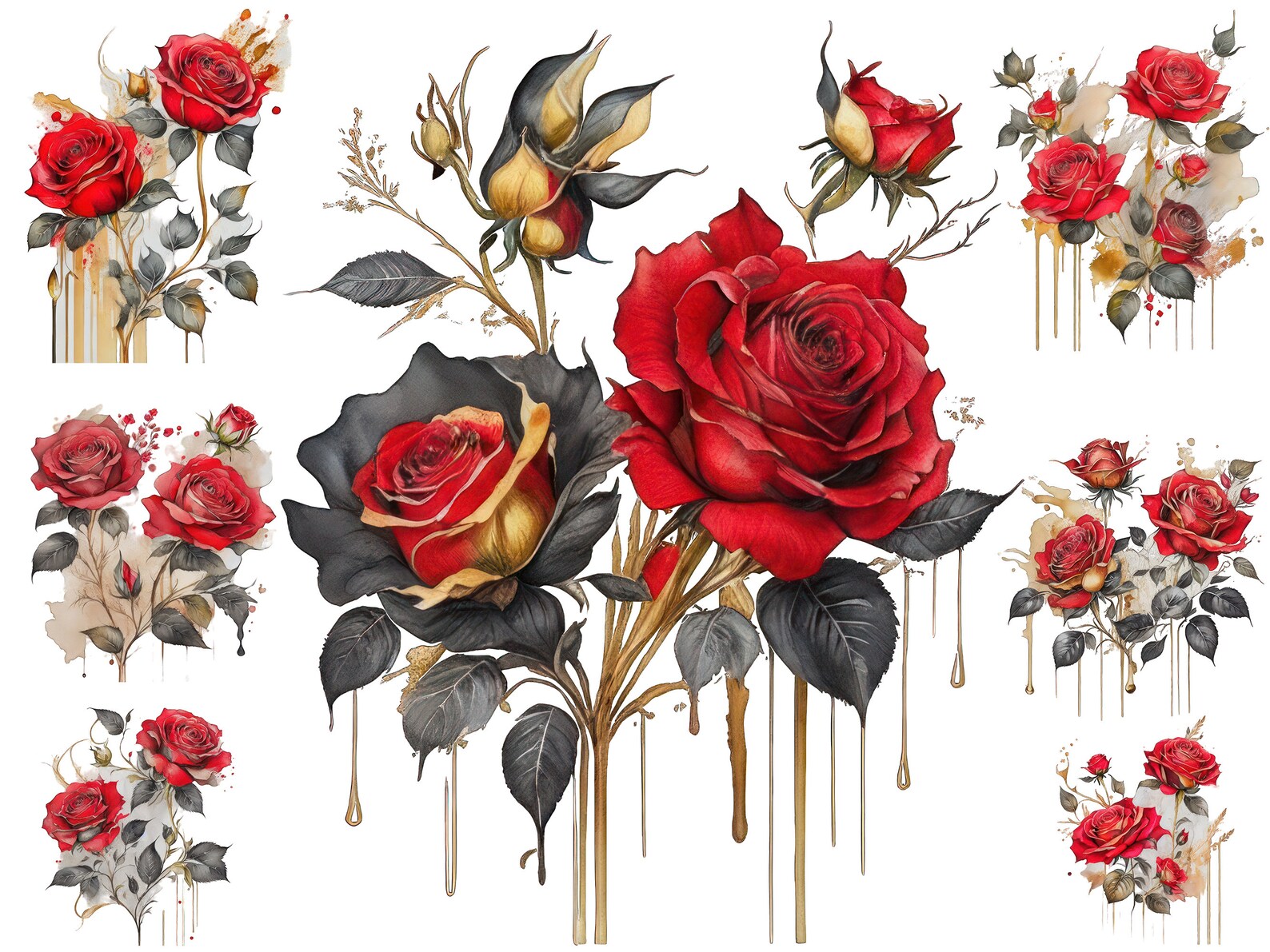 Watercolour Red Roses Clipart Cute Red Roses Png Flowers - Etsy