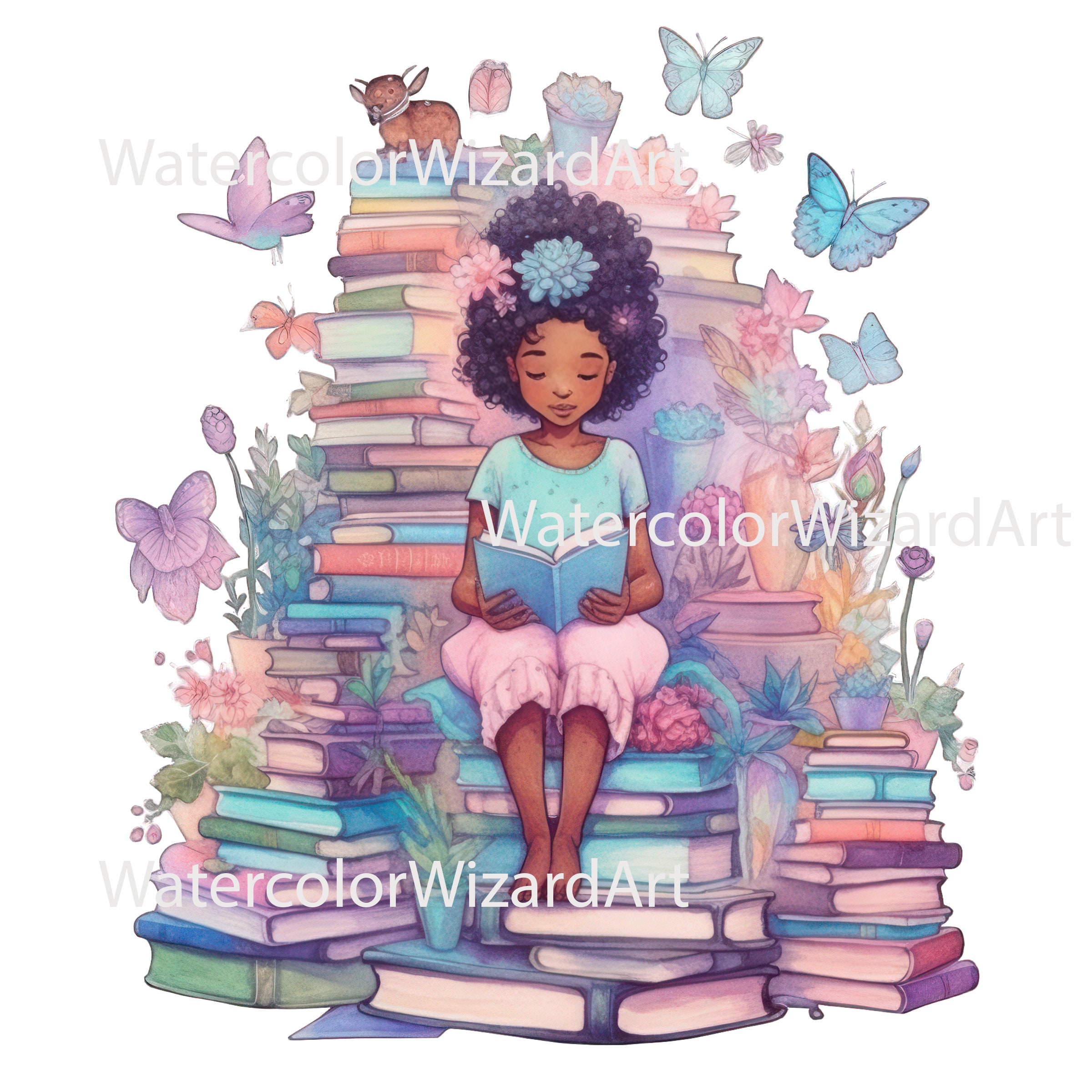Watercolor Bookworm Black Girl Clipart, Girl Books Clipart, Whimsical ...