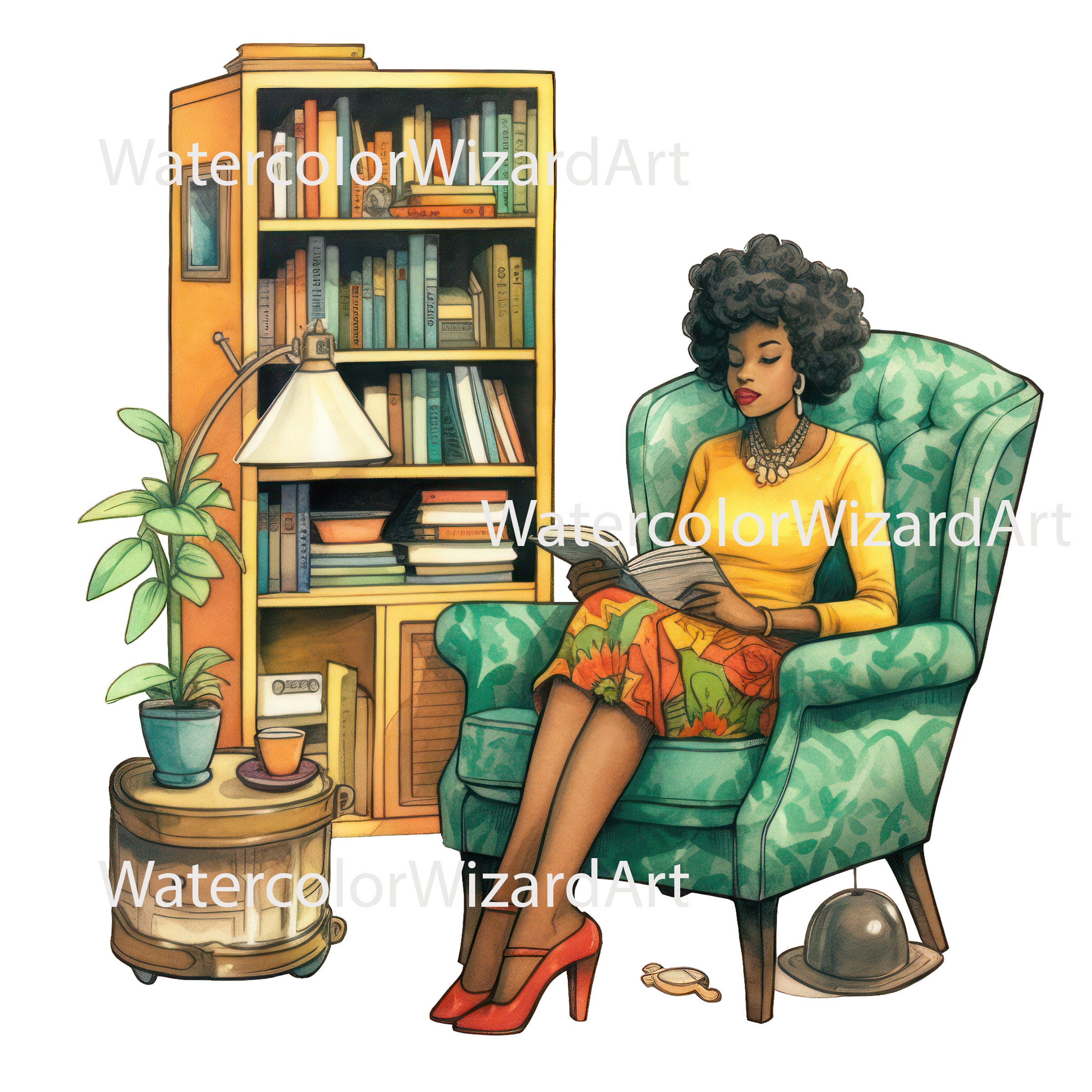 Watercolour Vintage Reading Corner Retro Books Png Girl - Etsy