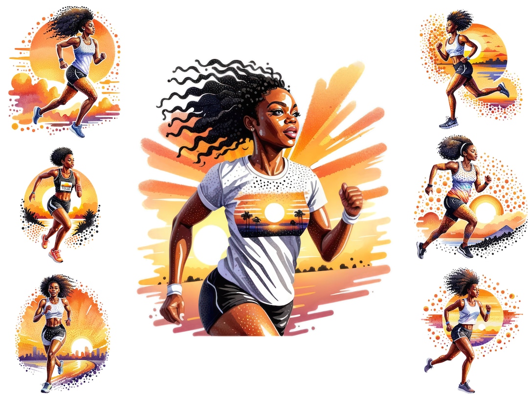Watercolour Black Girl Running in the Sunset Clipart, Woman Sports ...