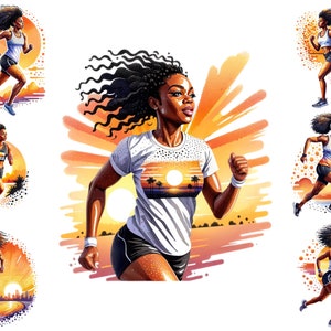 Watercolour Black Girl Running in the Sunset Clipart, Woman Sports ...