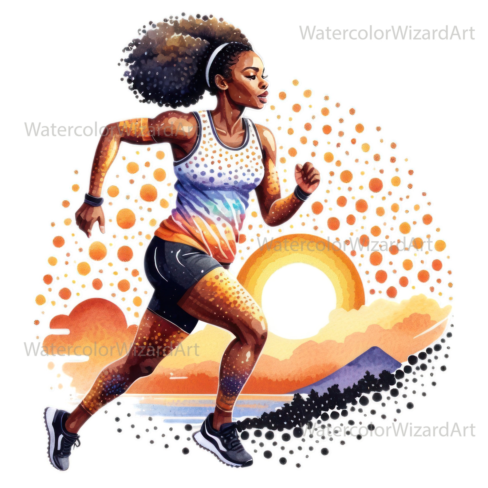 Watercolour Black Girl Running in the Sunset Clipart, Woman Sports ...