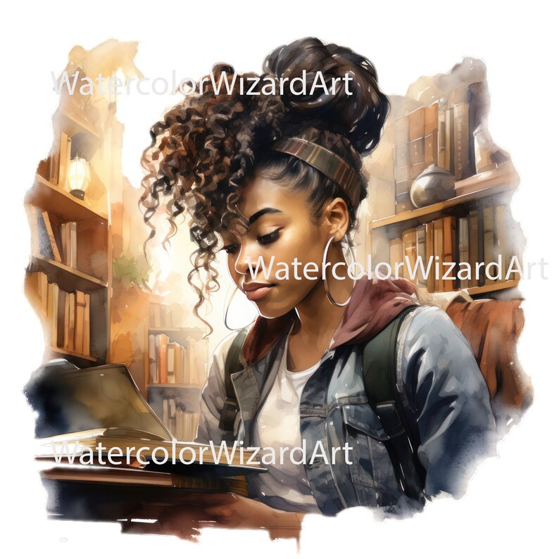 Watercolour Black Girl Student Clipart Girl Writing Reading - Etsy