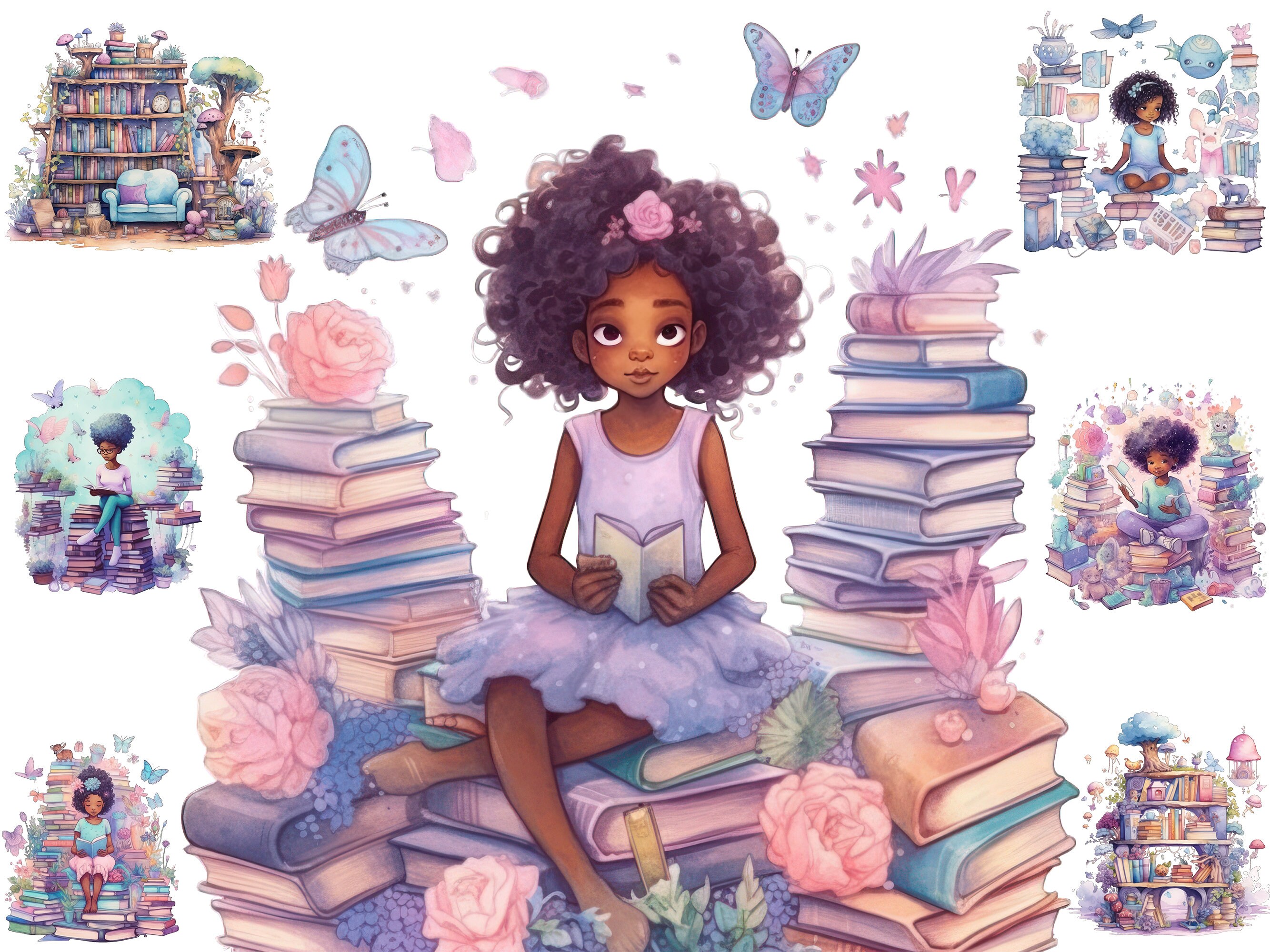 Watercolor Bookworm Black Girl Clipart, Girl Books Clipart, Whimsical ...