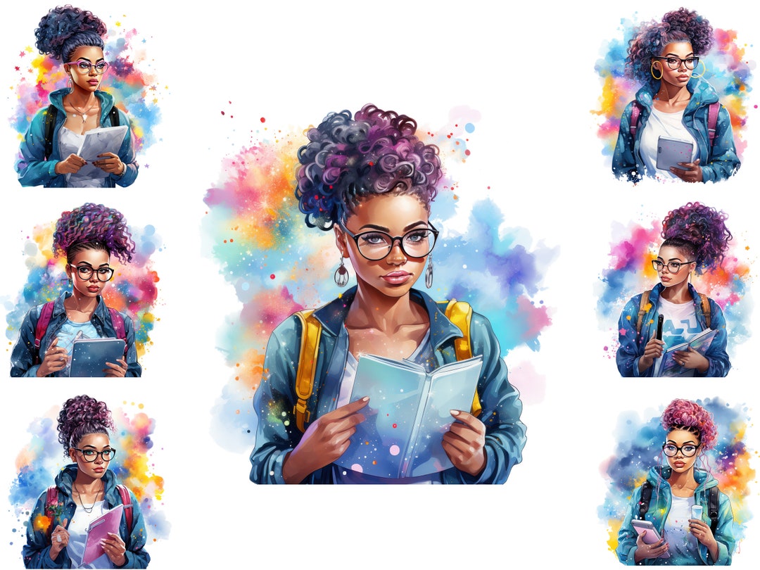 Watercolour Black Girl Student Clipart, Girl Back to School, Reading ...