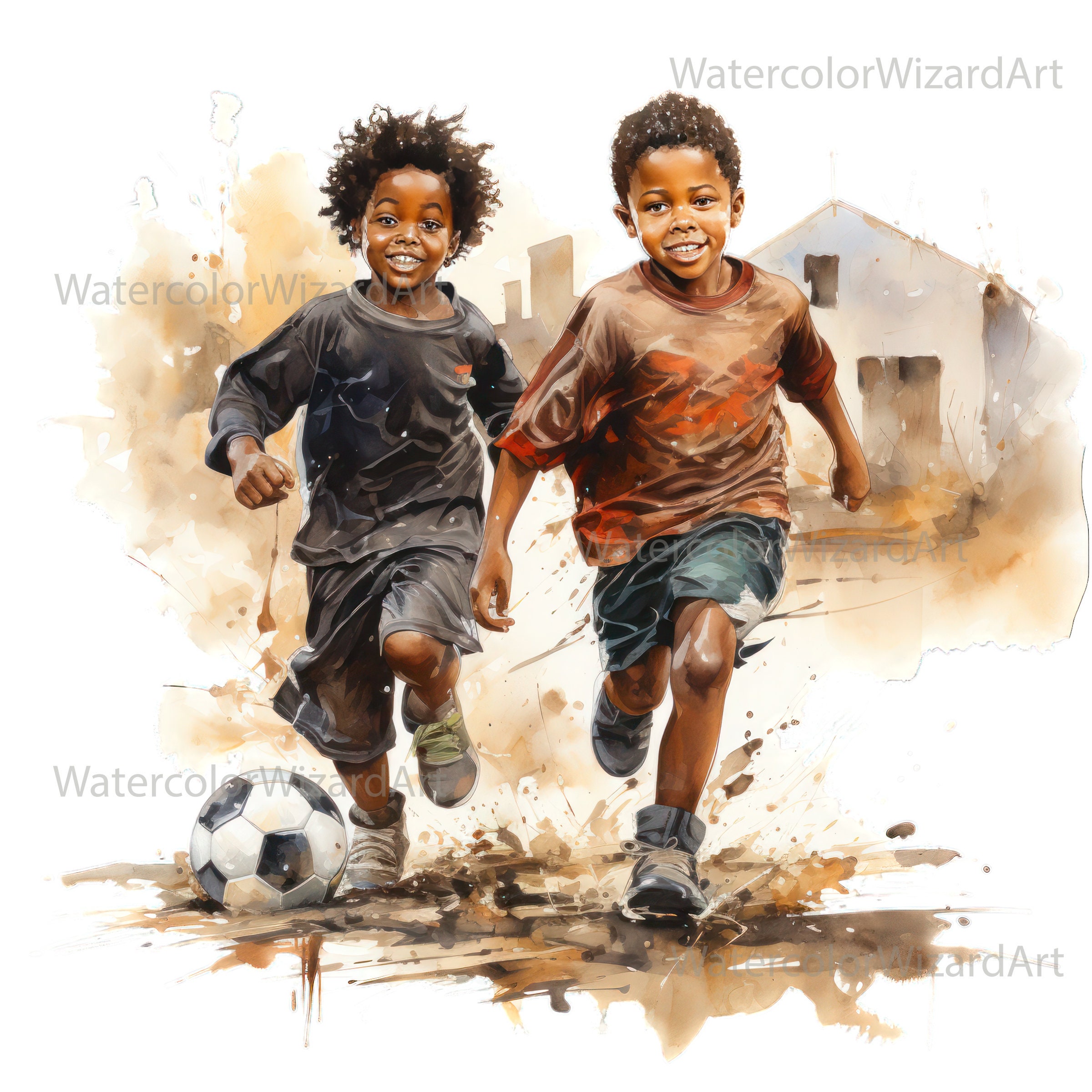 Watercolour Happy Black Kids Playing Soccer Clipart, Kids Playing ...