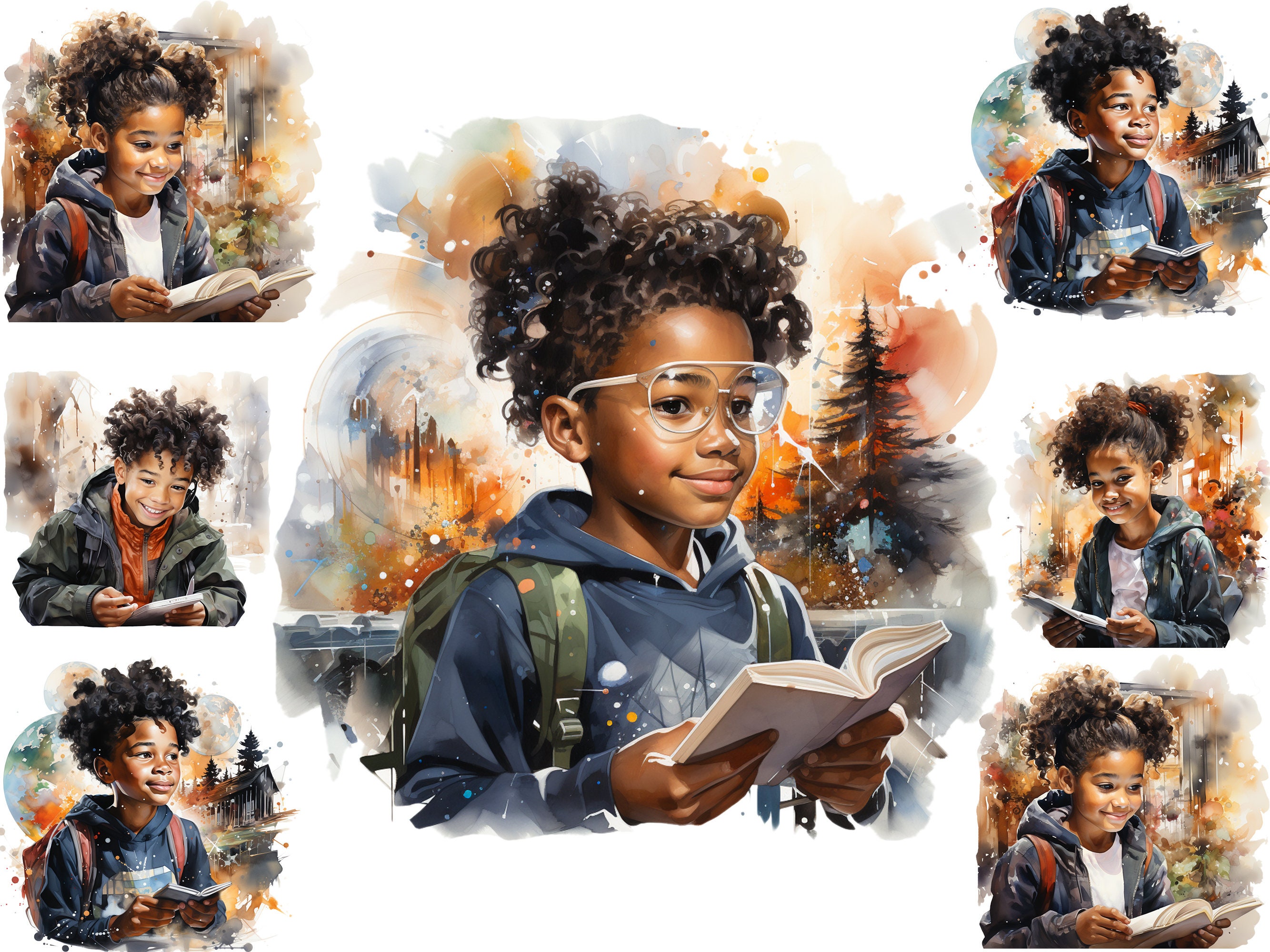 Watercolour Happy African American Black School Kids Clipart, Children ...