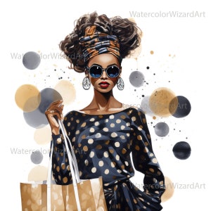 Watercolour African American Shopping Girl Clipart, Black Woman ...
