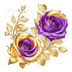Watercolour Gold Purpl Roses Clipart, Purple Gold Roses Png, Flowers ...