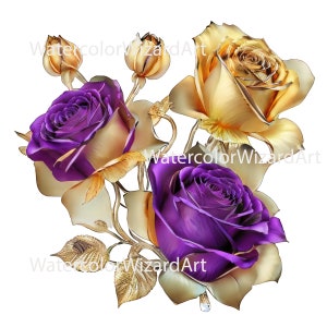 Watercolour Gold Purpl Roses Clipart, Purple Gold Roses Png, Flowers ...