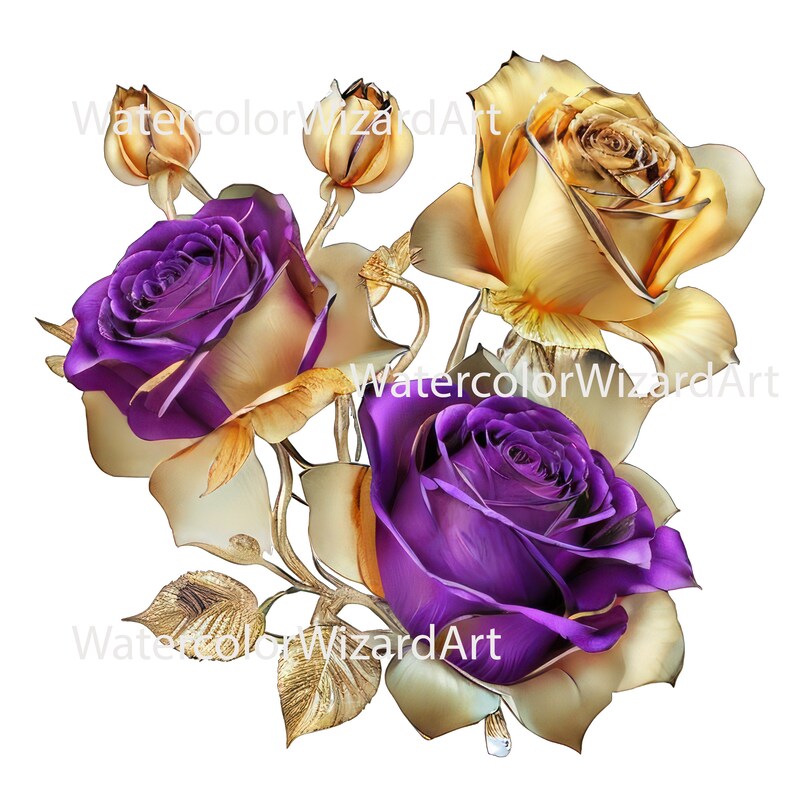 Watercolour Gold Purpl Roses Clipart, Purple Gold Roses Png, Flowers ...