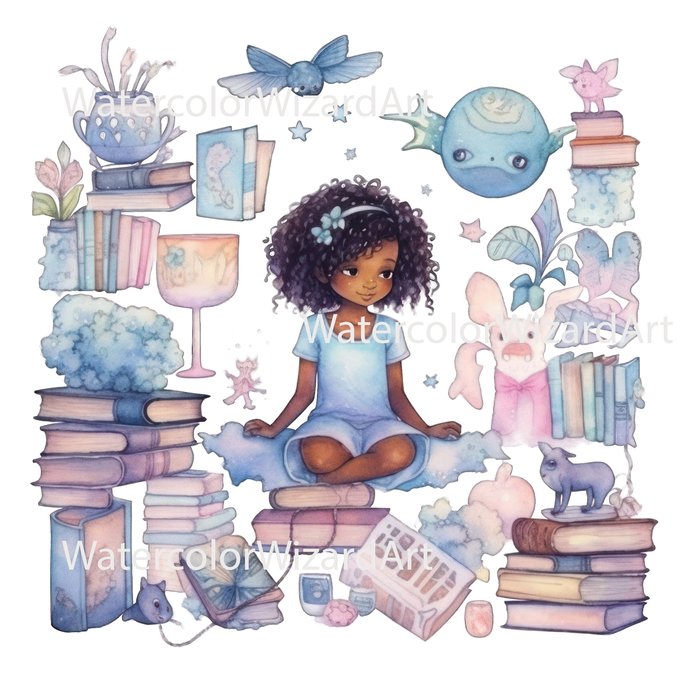 Watercolor Bookworm Black Girl Clipart, Girl Books Clipart, Whimsical ...