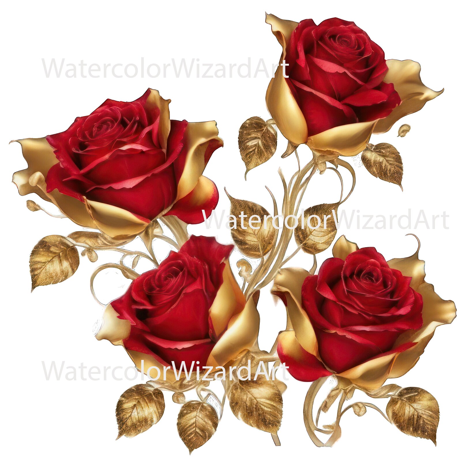 Watercolour Red Gold Roses Clipart, Cute Red Gold Roses Png, Flowers ...