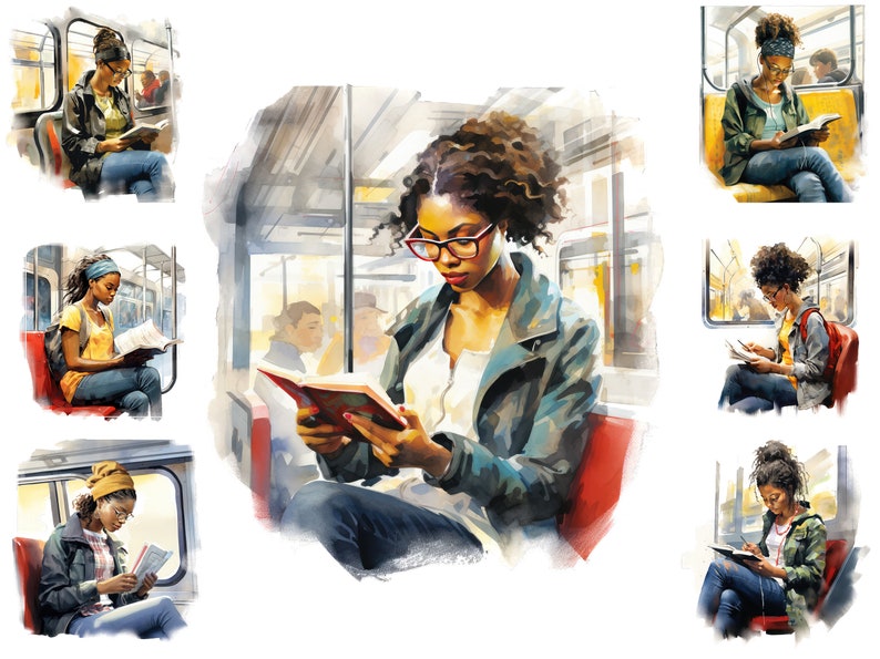 Watercolour Black Girl Studying in A Train Clipart, Girl Reading Png ...