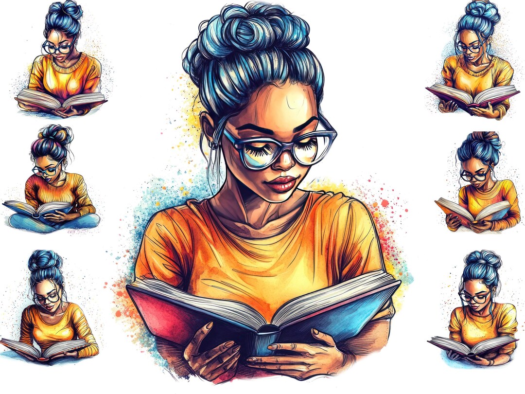 Watercolour Black Girl Reading Clipart, Girl Studying Clipart, Book ...