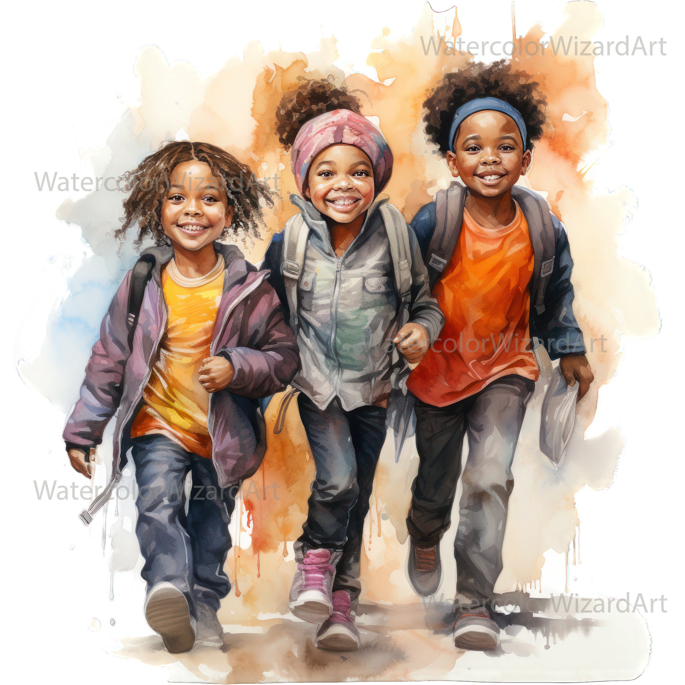 Watercolour African American Kids Clipart Kids Back to School - Etsy