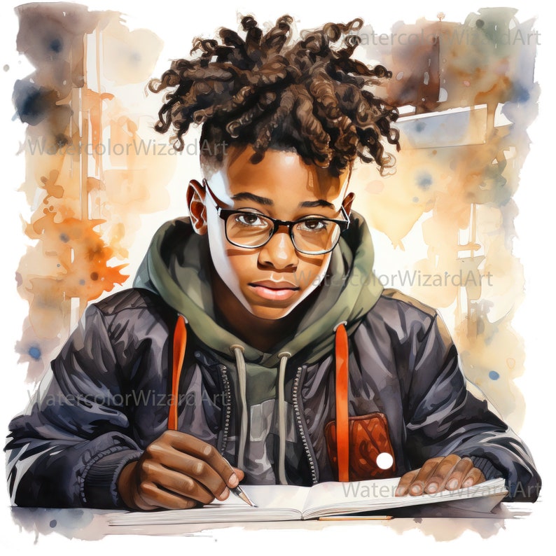 Watercolour Black Boy Reading Writing Clipart, Boy Books Clipart ...