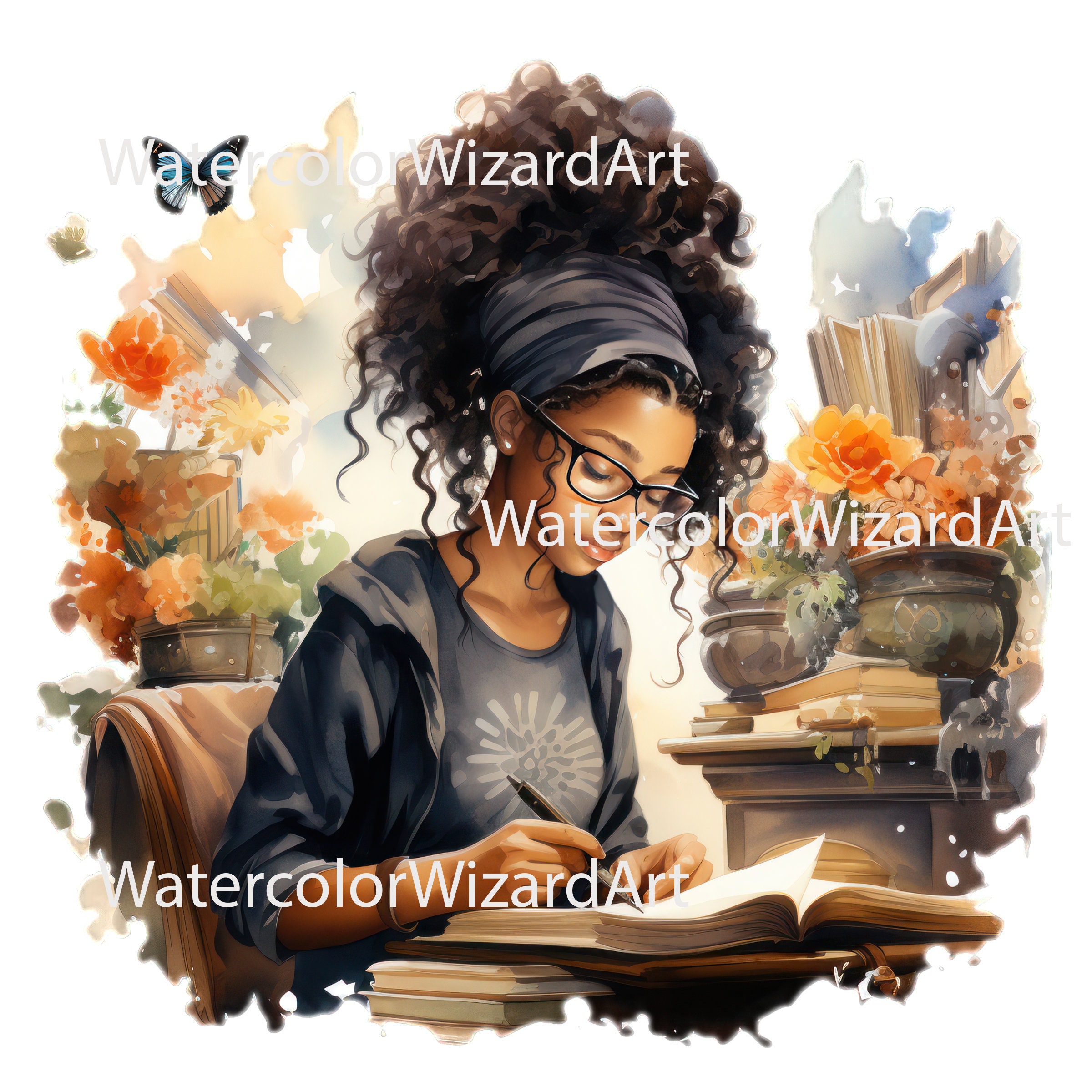 Watercolour Black Girl Student Clipart, Girl Writing, Reading Png ...
