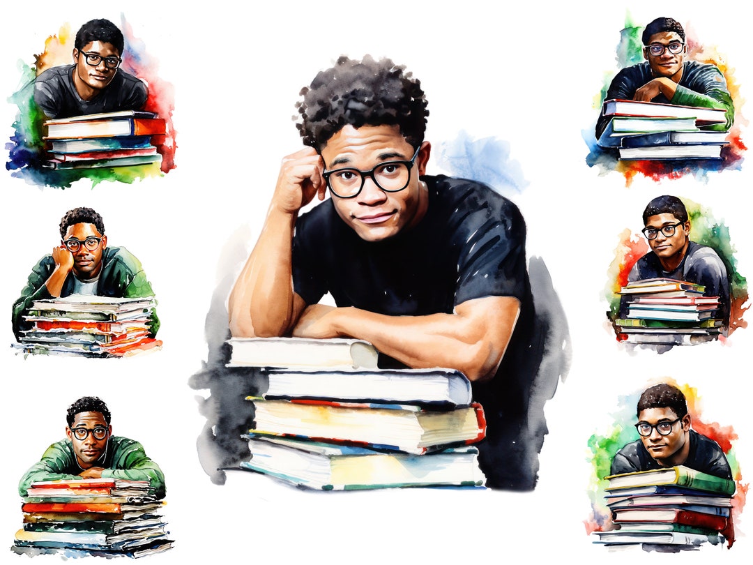 Watercolour Black Boy Student Clipart, African American Bookworm Png ...