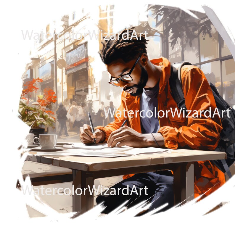 Watercolour Black Man Clipart African American Man Writer - Etsy