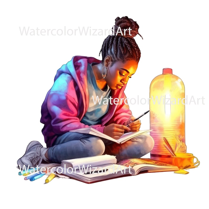 Watercolour Black Girl Reading Clipart, Girl Studying Clipart, Book ...