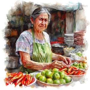 Watercolour Mexican Elderly Woman Cooking Clipart, Hispanic Woman Cook ...