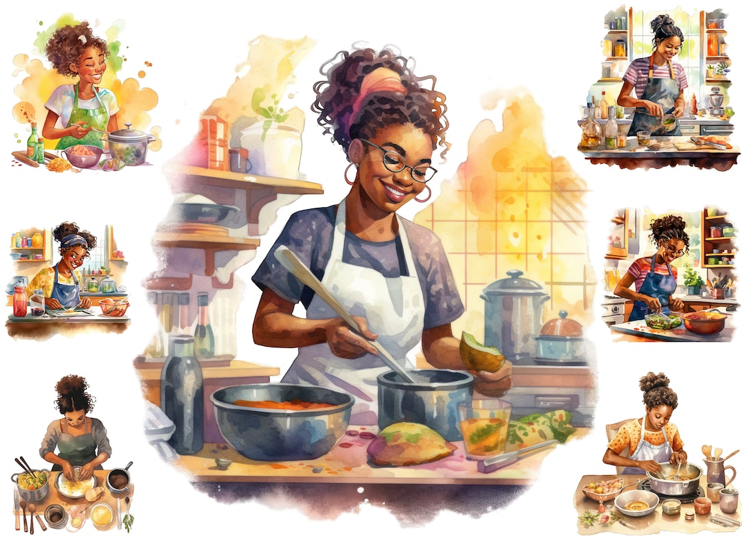 Watercolour Black Woman Culinary Clipart, Woman Cooking Png, Cooking ...
