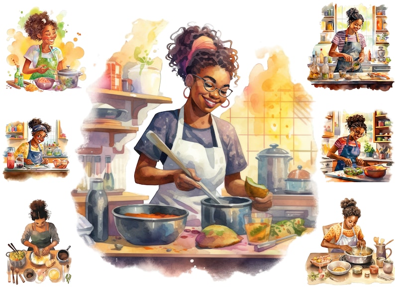 Watercolour Black Woman Culinary Clipart, Woman Cooking Png, Cooking ...