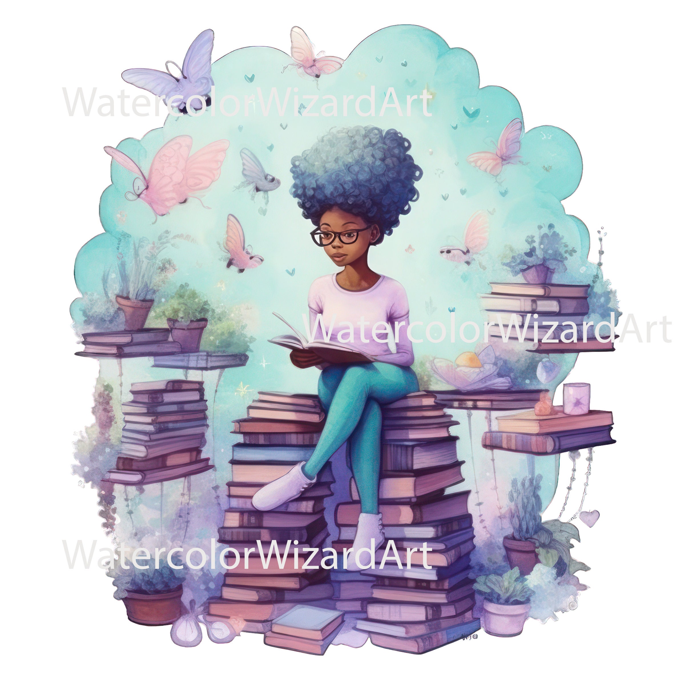 Watercolor Bookworm Black Girl Clipart, Girl Books Clipart, Whimsical ...