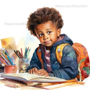 Watercolour Happy African American School Boy Clipart, Black Children ...