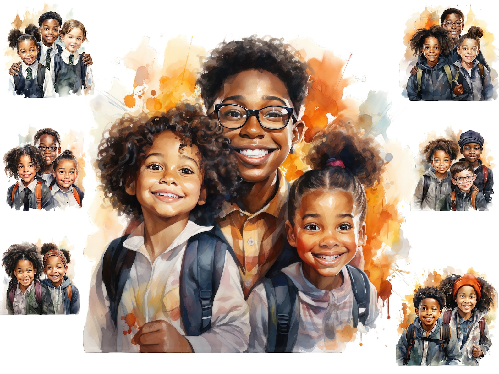 Watercolour African American School Kids Clipart, Black Kids Back to ...